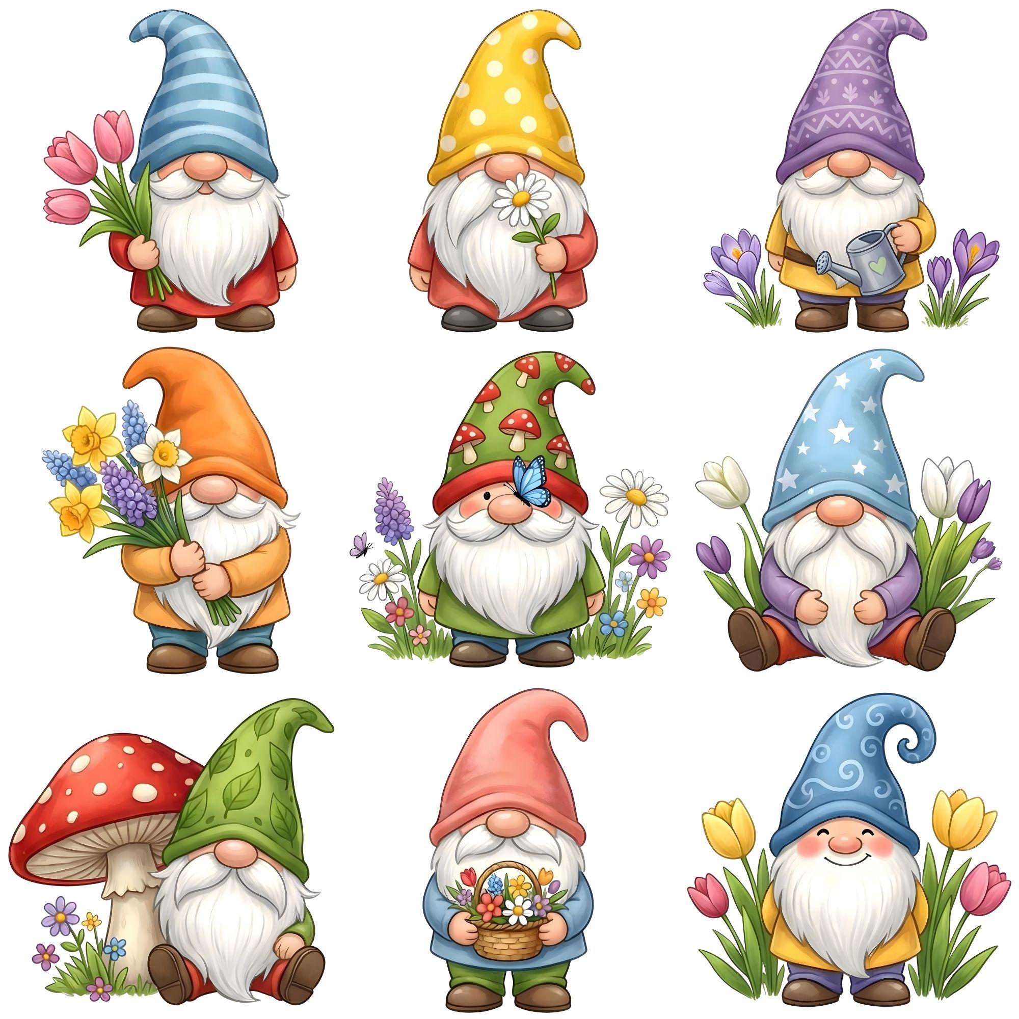 Gnomes With Spring Flowers, Watercolor Clipart PNG Bundle, Printable ...