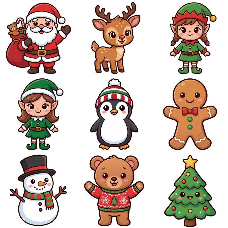 Christmas Characters Clipart PNG Bundle, Printable Stickers, Digital ...