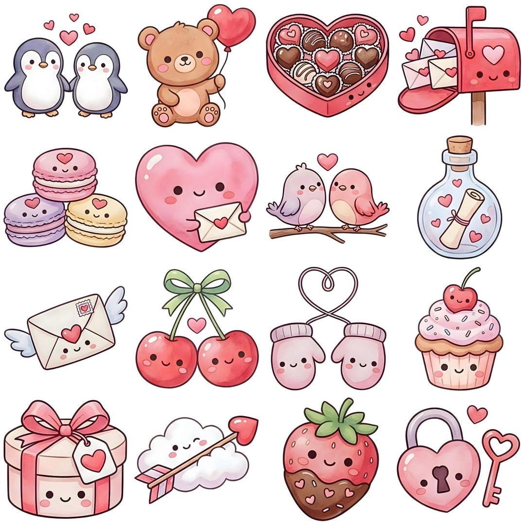 16 Pastel Pink Kawaii Valentine Clipart PNG Bundle, Digital Download - Etsy