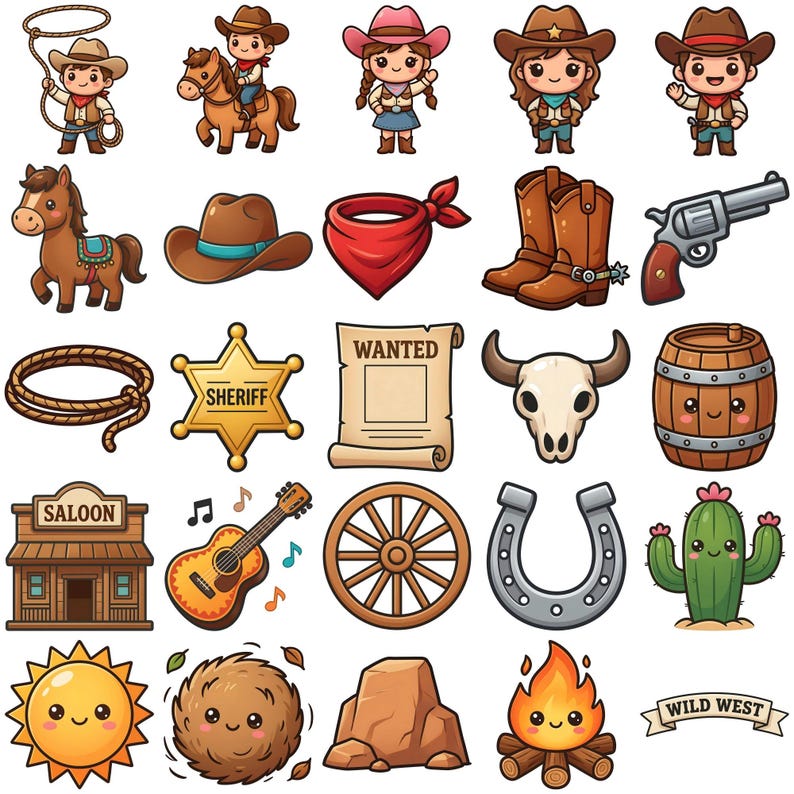 25 Kawaii Wild West Cowboy Clipart PNG Bundle, Digital Download - Etsy