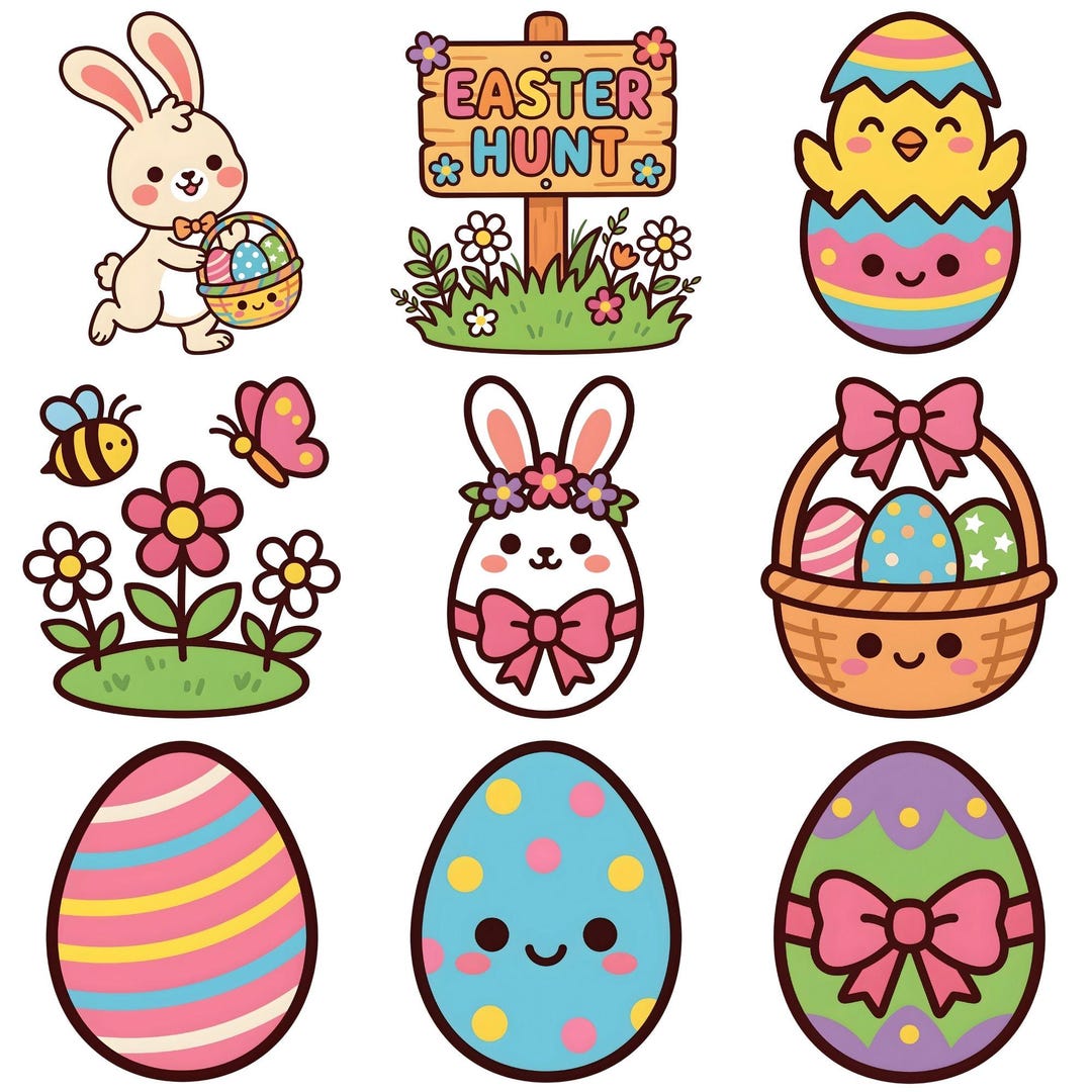 9 Colorful Kawaii Easter Clipart PNG Bundle, Printable Stickers ...