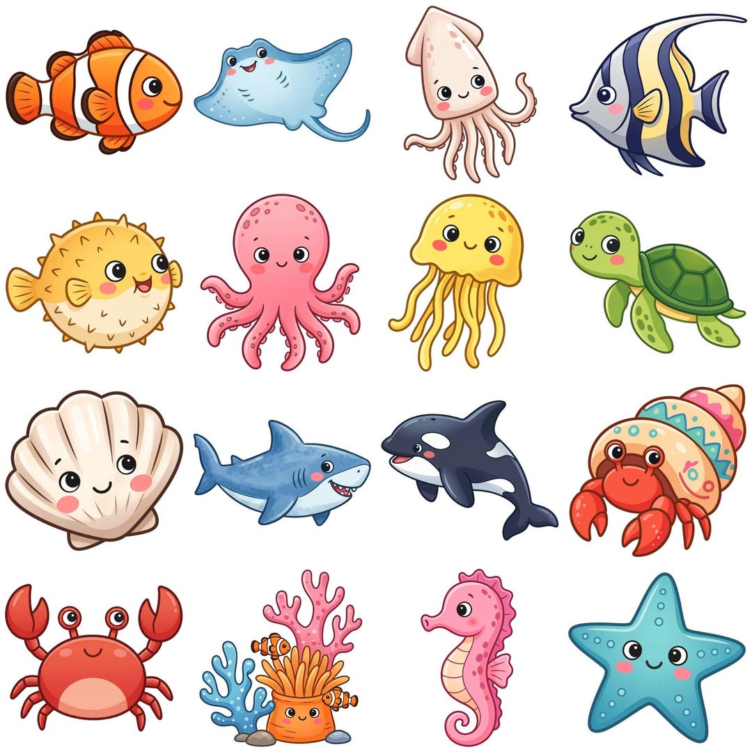 Ocean Animals Clipart PNG Bundle, Cartoon Style, Printable Stickers ...