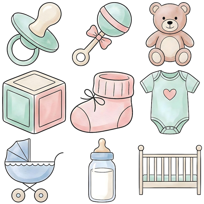 9 Baby Essentials Watercolor Clipart PNG Bundle, Clean Illustrative ...