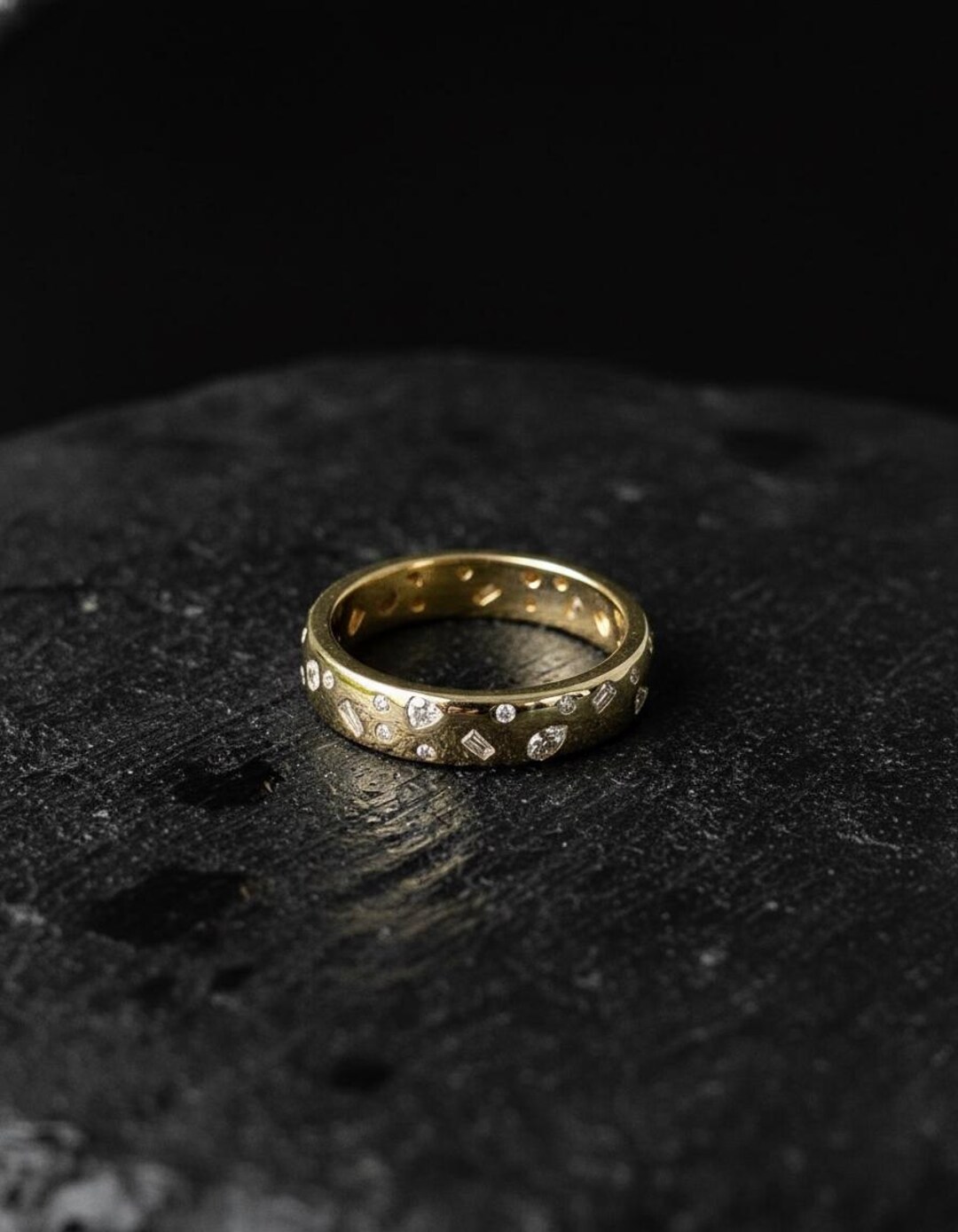 Flush Setting Scattered Wedding Band, Multi Cut Engagement Ring ...