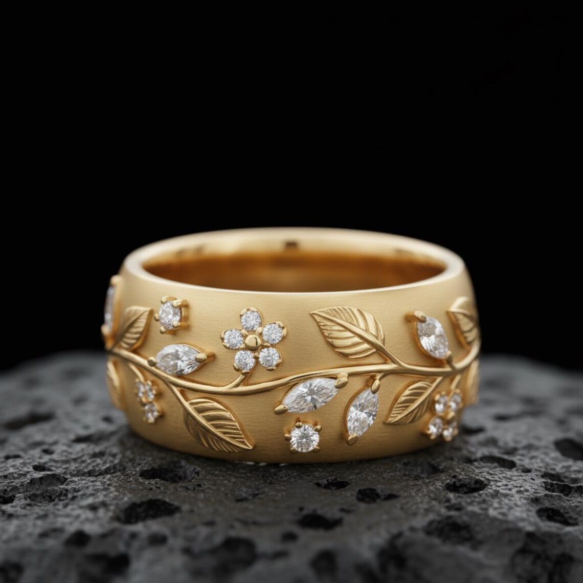 Matte Gold Diamond Floral Wedding Band, Wide Etched Flower Ring, Nature ...