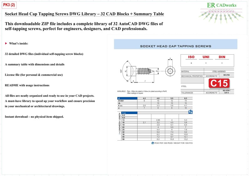 DWG CAD Library – Hexagon Washer Head Tapping Screws Ø2.9–6.3 + Socket ...