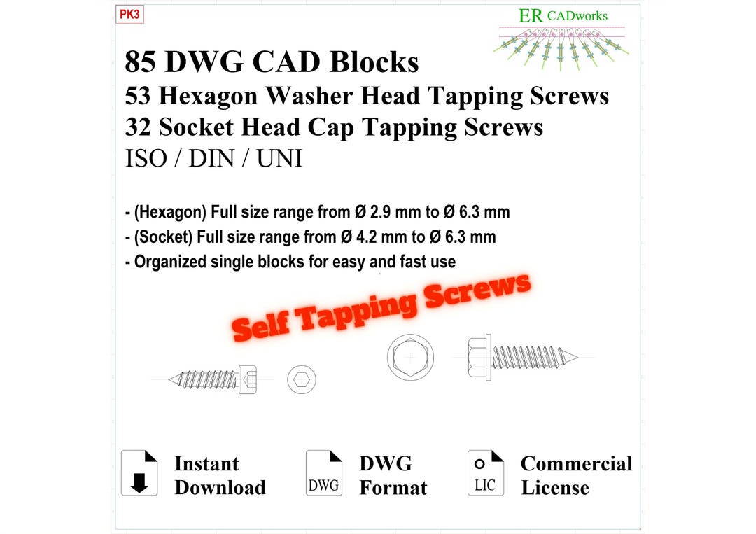 DWG CAD Library – Hexagon Washer Head Tapping Screws Ø2.9–6.3 + Socket ...