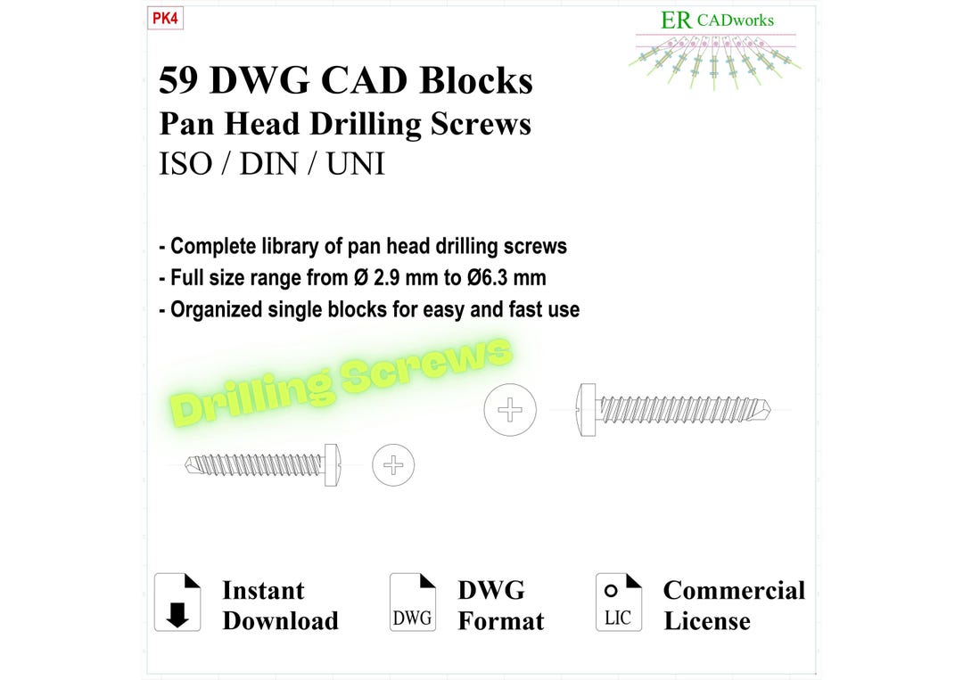 DWG CAD Library – Pan Head Drilling Screws Ø2.9–6.3 | 59 Autocad Blocks ...