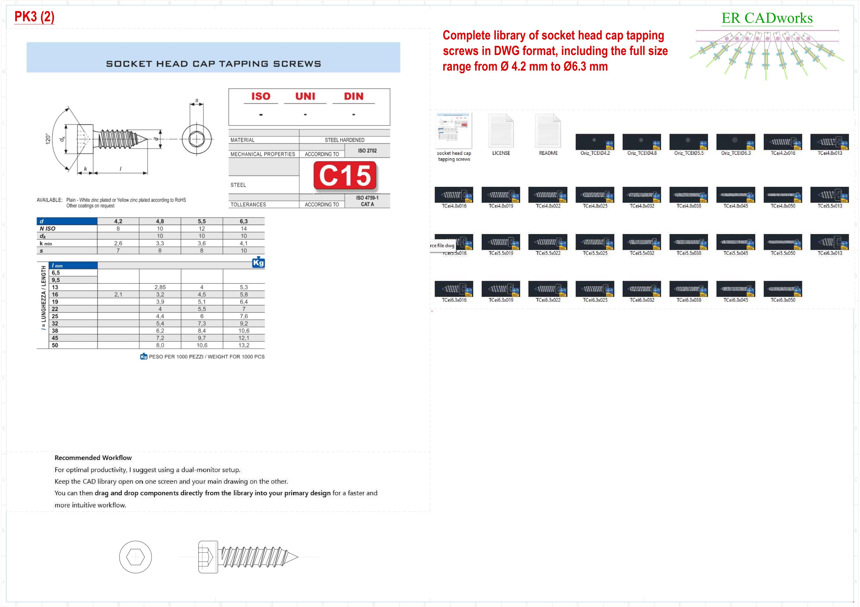 DWG CAD Library – Hexagon Washer Head Tapping Screws Ø2.9–6.3 + Socket ...