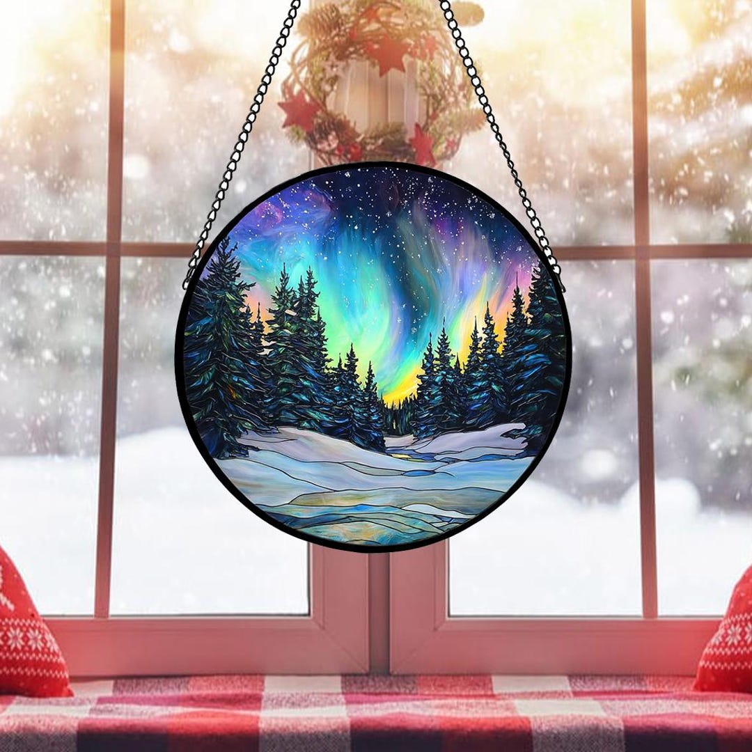 Northern Lights Aurora Glass Suncatcher, Forest Window Hanging Decor ...
