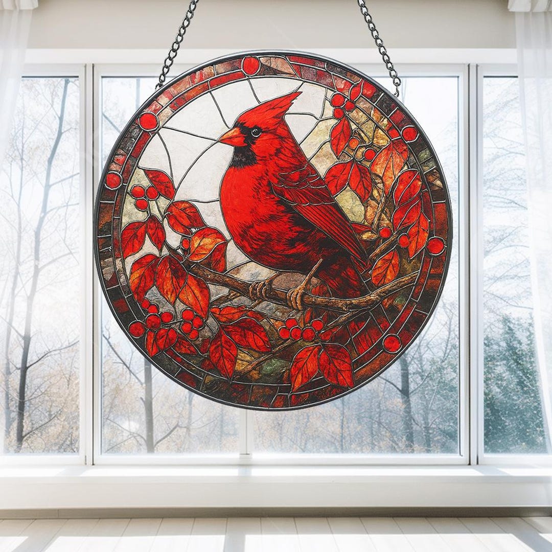Cardinal Stained Glass Suncatcher,window Hanging,bird Lover,bird Glass ...