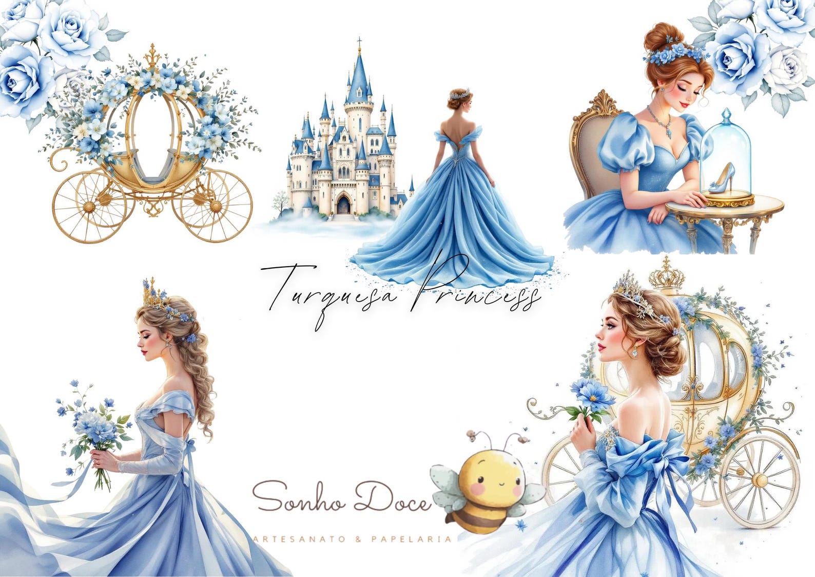 Blue Princess Watercolor Clipart Bundle – Cinderella Style Gown, Castle ...