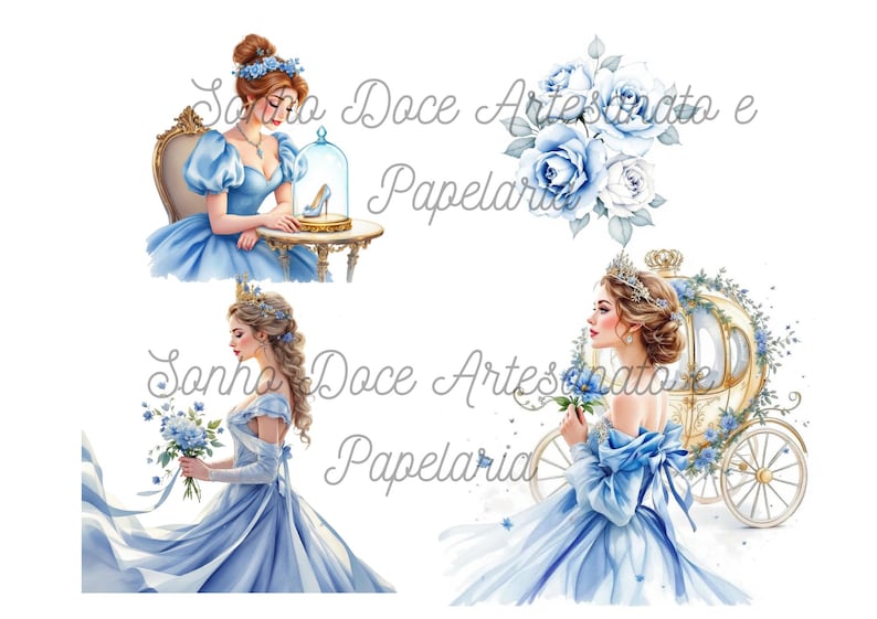Blue Princess Watercolor Clipart Bundle – Cinderella Style Gown, Castle ...
