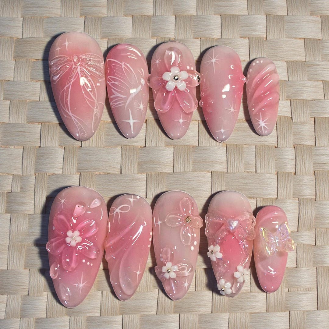 Pink Jelly Press on Nails, 3D Flower Butterfly, Coquette Style - Etsy