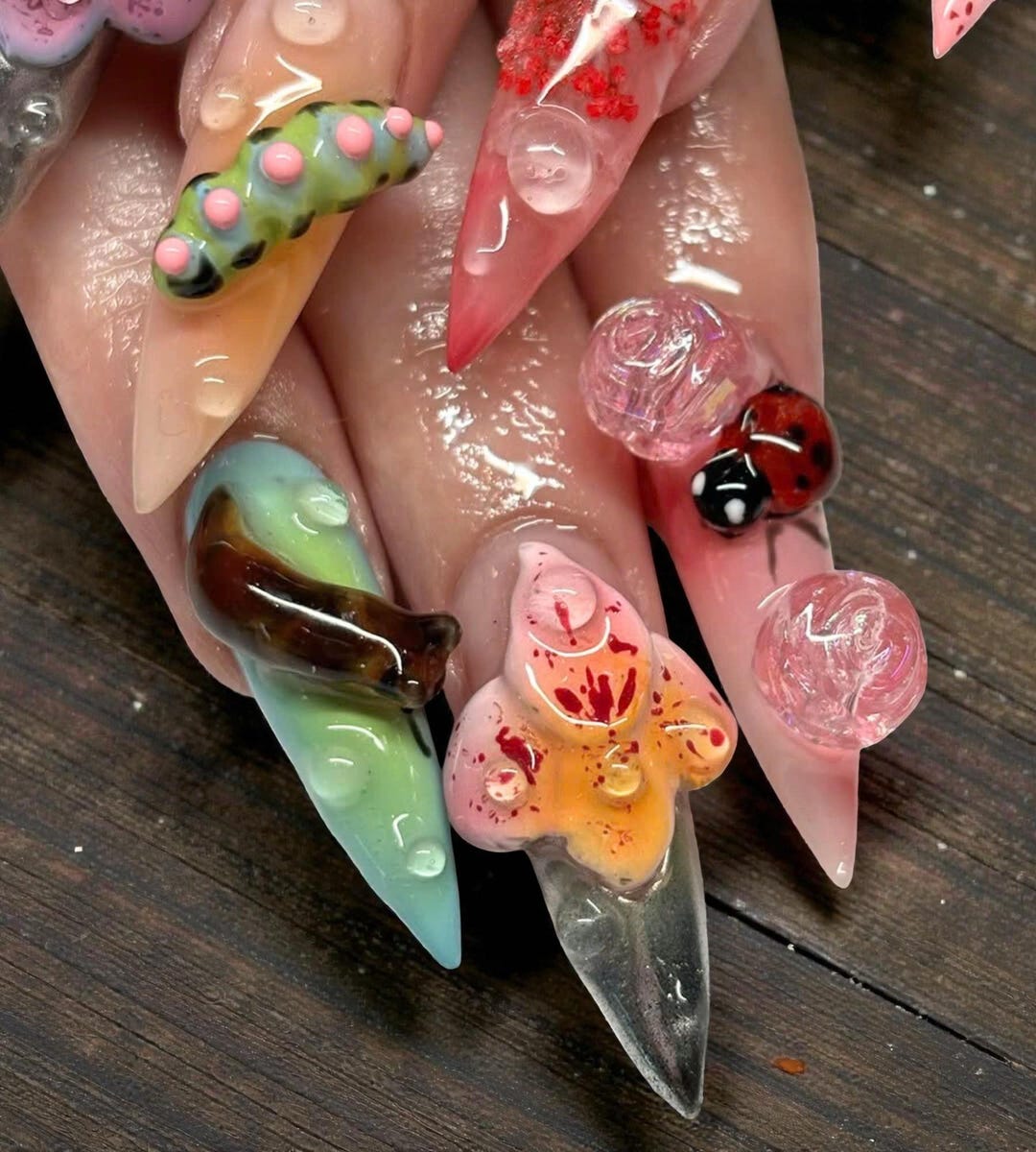 3D Flower Garden Press on Nails, Insect Theme Stiletto Custom Acrylic ...