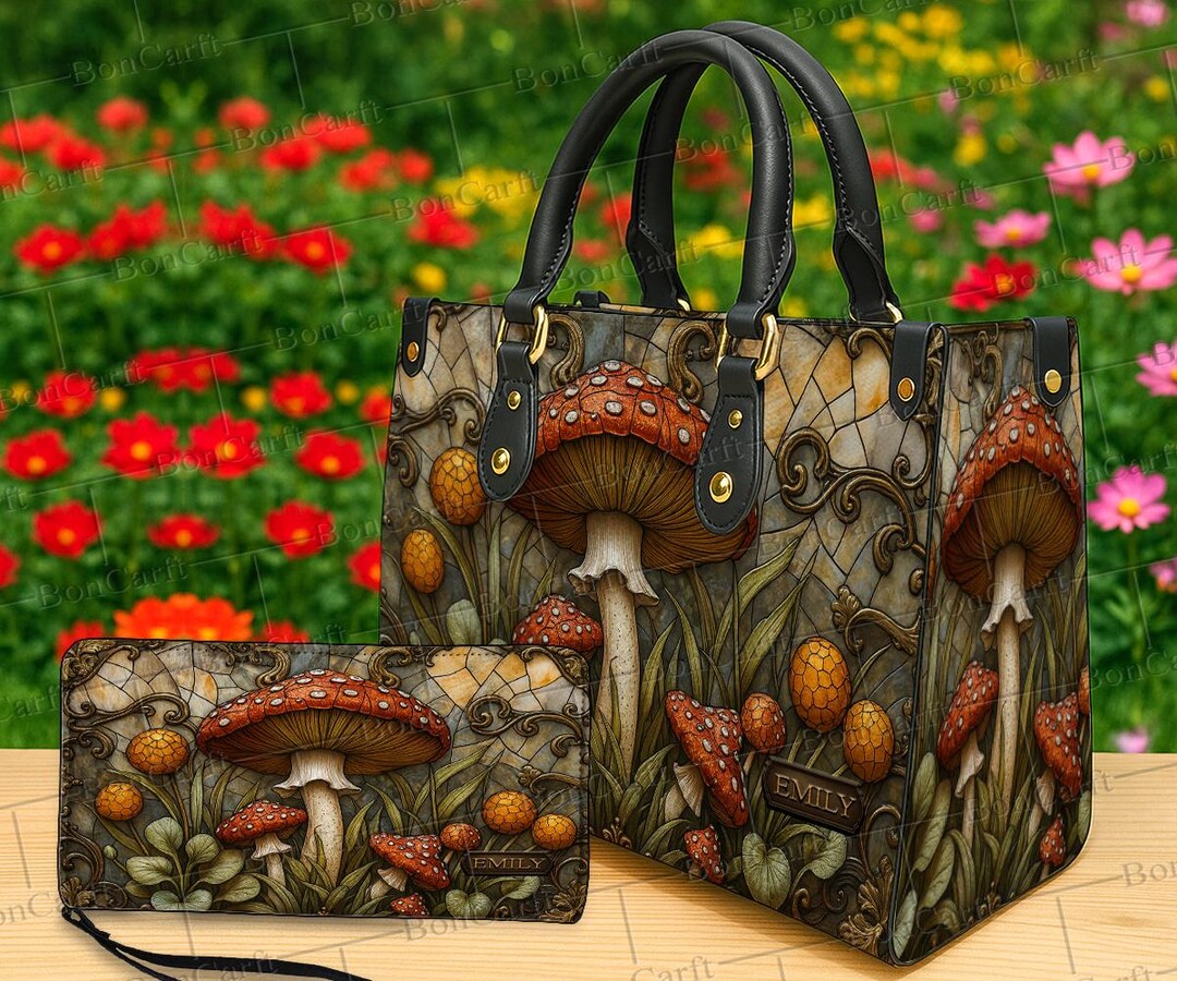 Personalized Mushroom Handbag & Wallet Set, Custom Name Leather Purse ...