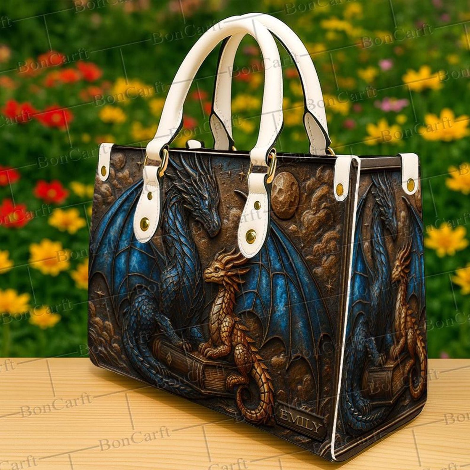 Personalized Blue and Gold Dragon Couple Tote Bag & Wallet Set, Custom ...
