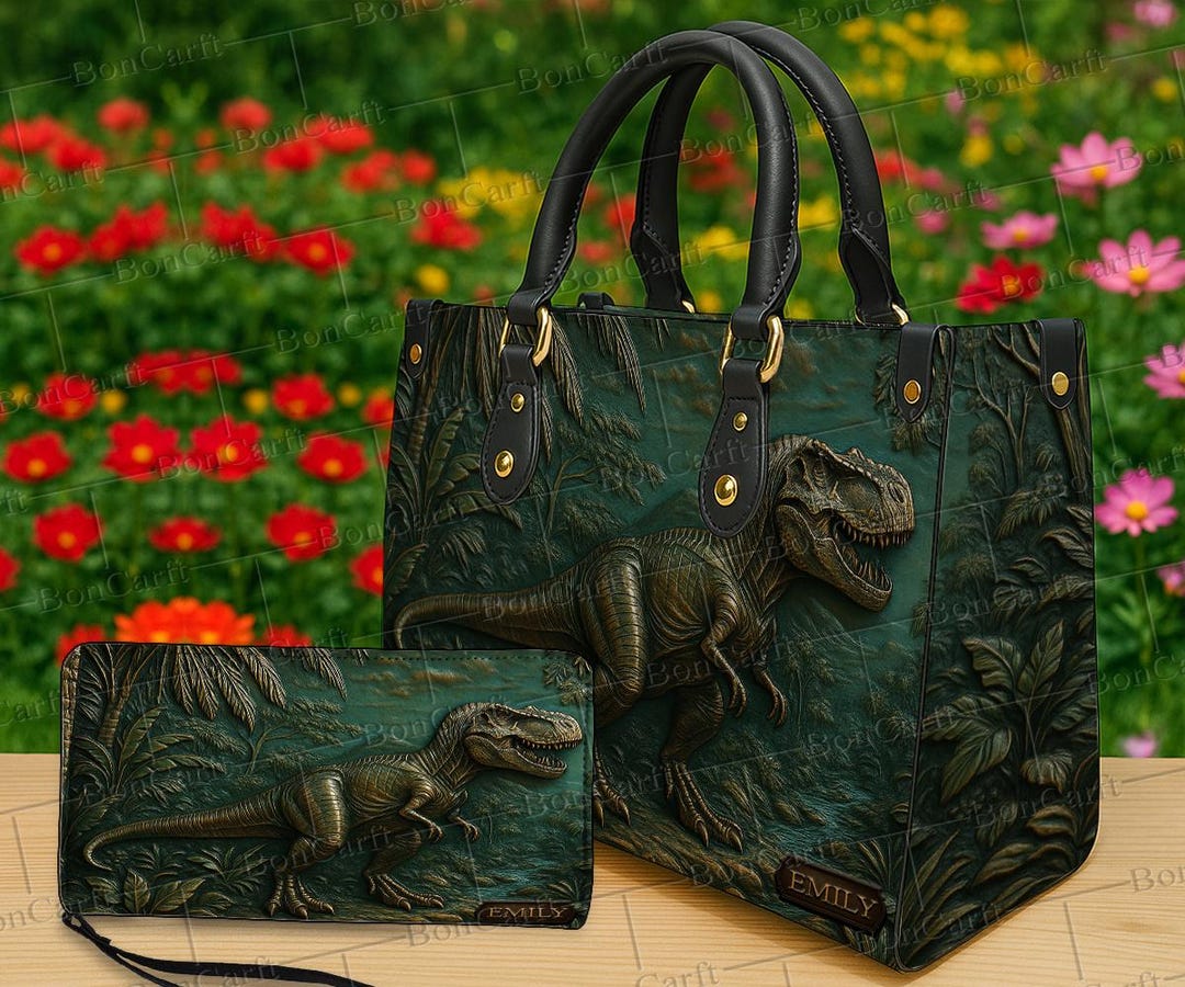 Personalized T-rex Dinosaur Tote Bag & Wallet Set, Custom Name Jurassic ...