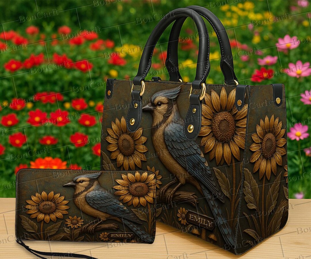 Personalized Blue Jay Tote Bag & Wallet Set, Custom Name Sunflower ...
