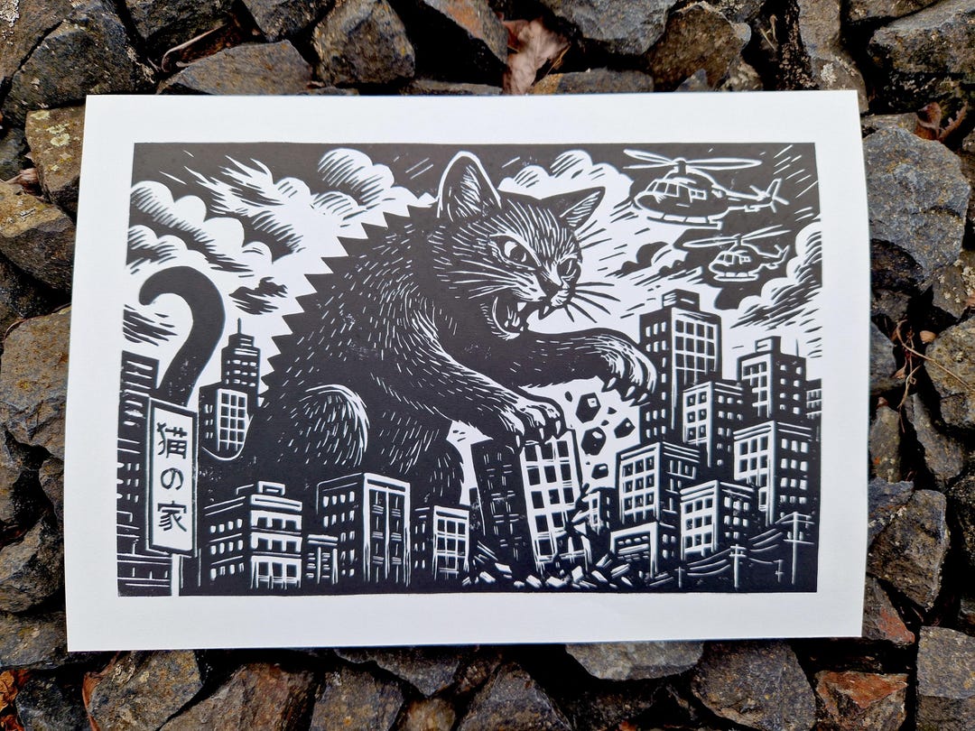 Linocut Raging Catzilla / A4 Hand-printed on Paper / Cat Godzilla in ...