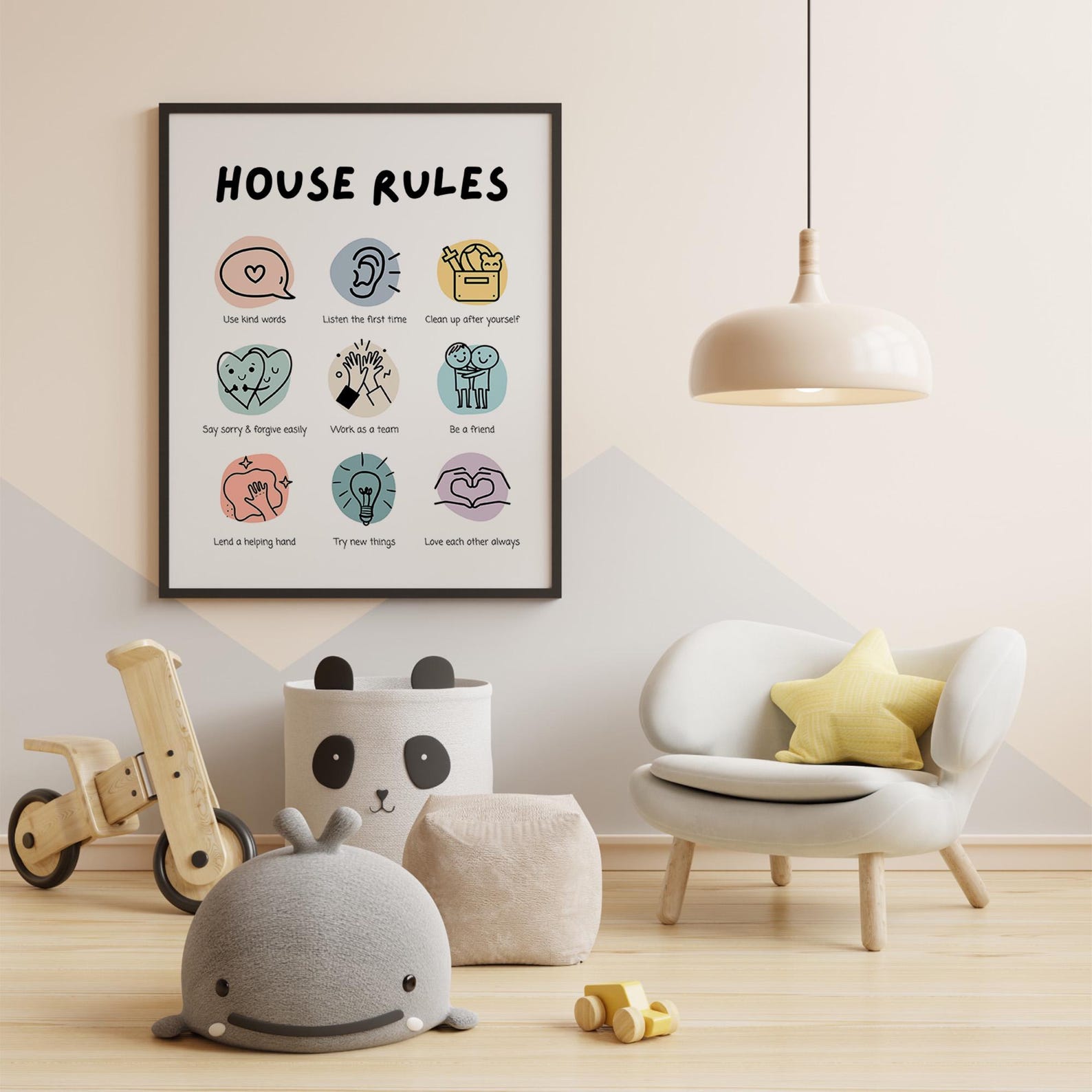 Neutral House Rules for Kids Doodle Family Wall Art Pastel Family Rules ...