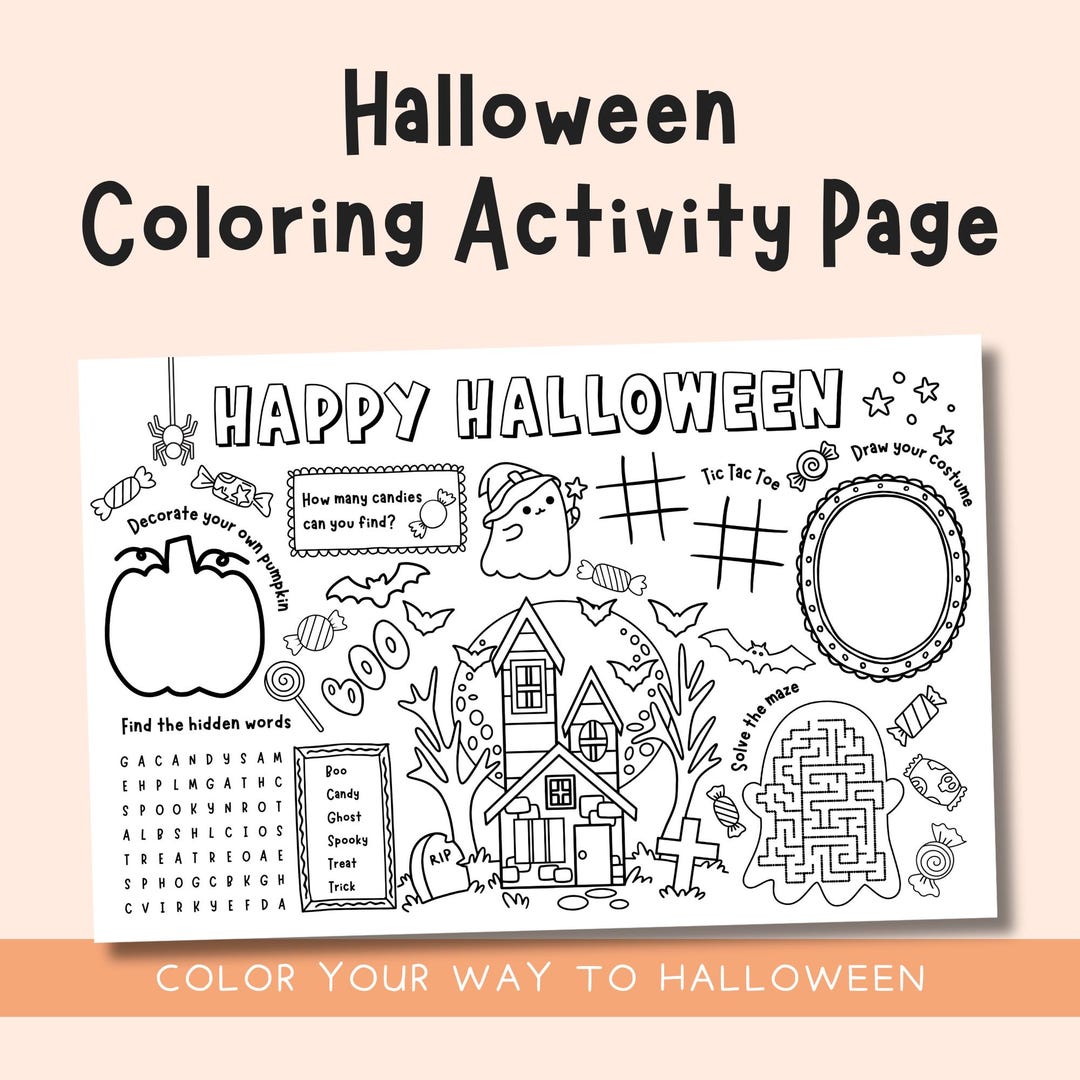 Halloween Coloring Activity Mat for Kids | Maze, Word Search, and ...