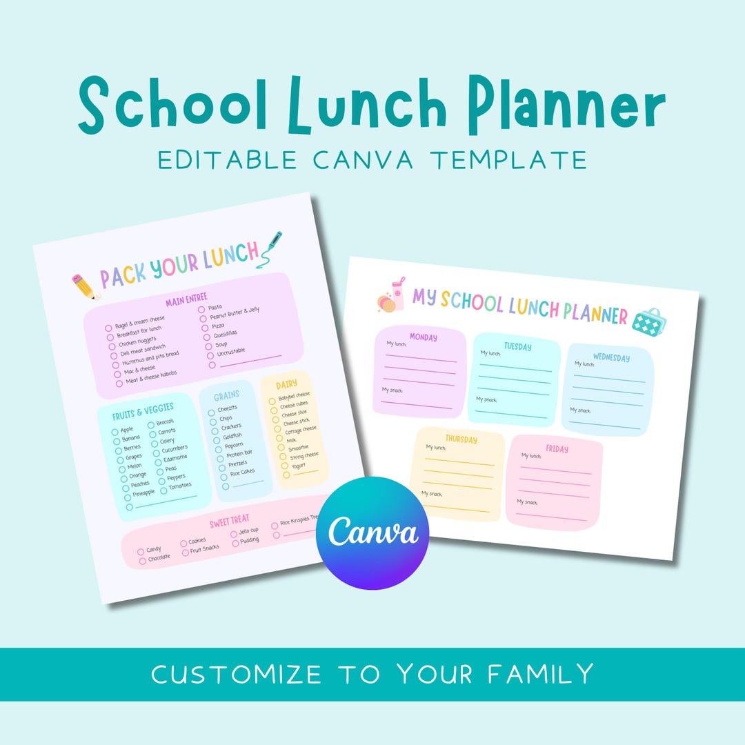 School Lunch Planner Editable Canva Template School Lunchbox Checklist ...
