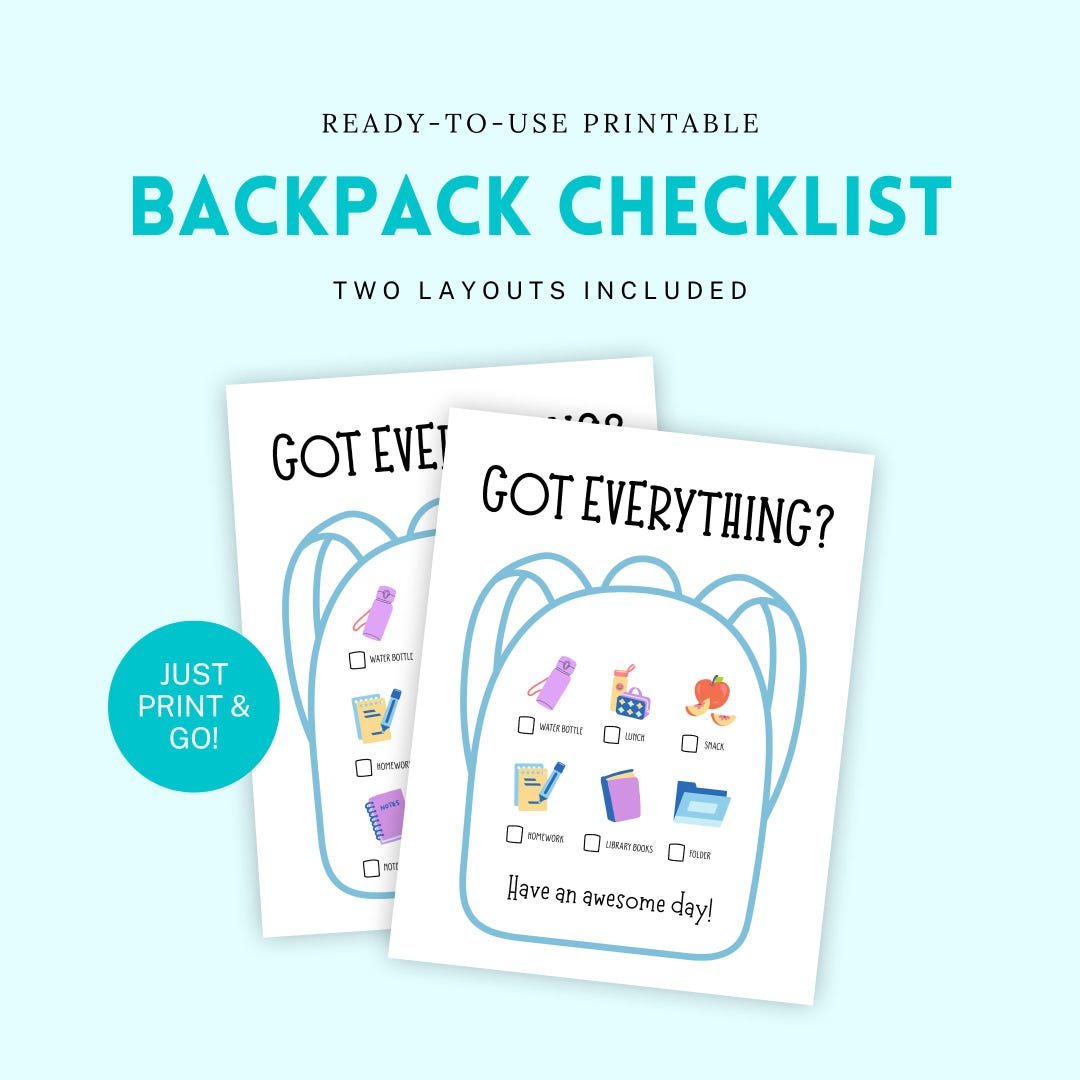 Kids Backpack Checklist Ready-to-print Back to School Kindergarten ...