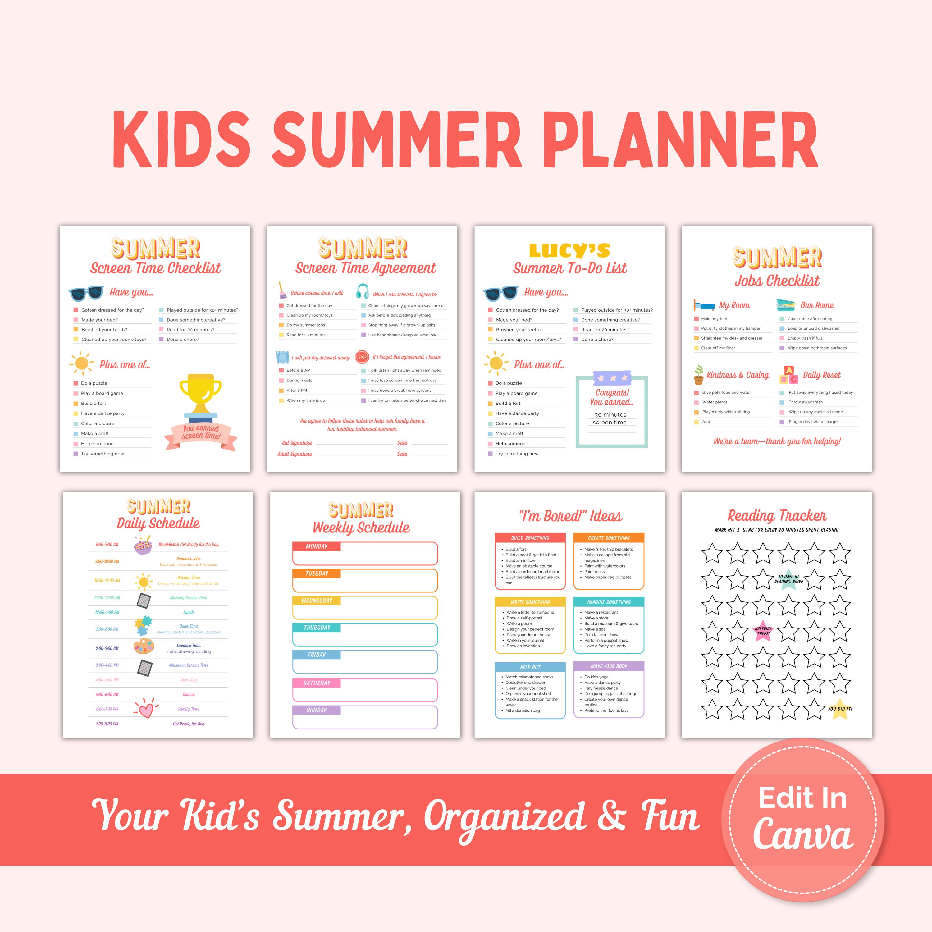 Editable Kids Summer Planner | Screen Time Rules | Summer Schedule ...