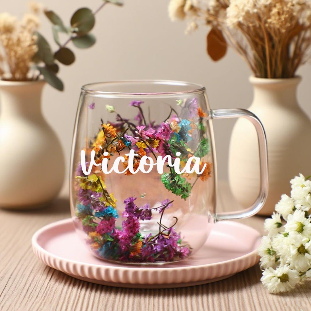 Handcrafted Glass Mugs With Real Dried Flower, Personalized Floral ...