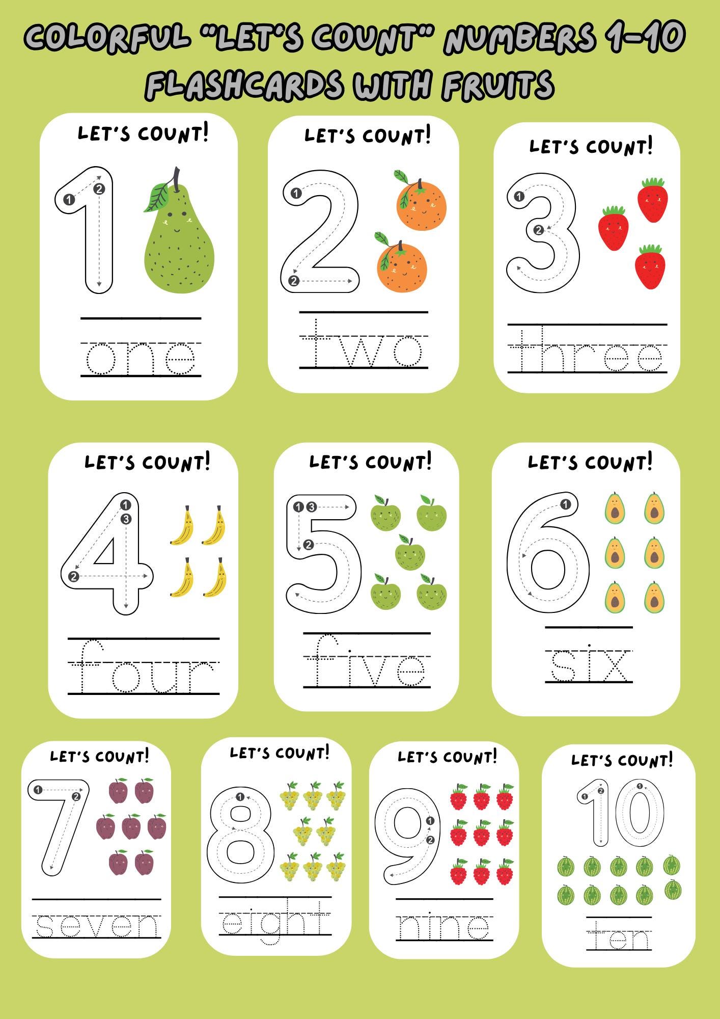 Fruit Numbers Flashcards: Kids Counting & Tracing, Preschool Math ...