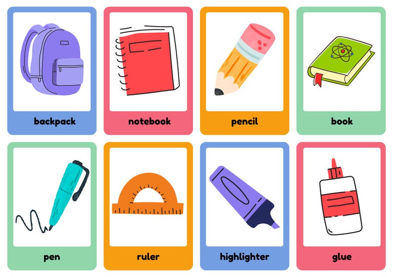 School Supplies Flashcards: Classroom Vocabulary Learning Tools (PDF ...
