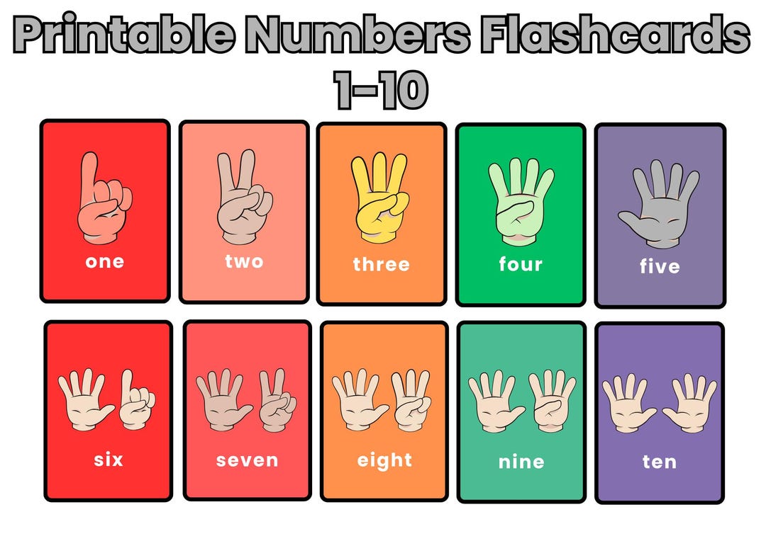 Printable Numbers Flashcards 1-10, Colorful Hand Sign Counting Cards ...