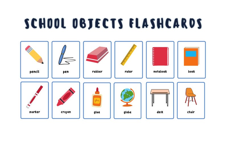 School Objects Flashcards, Classroom Supplies Vocabulary Cards, Teacher ...