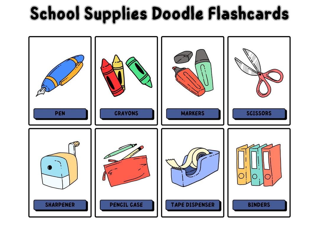School Supplies Doodle Flashcards, Classroom Objects Learning Cards ...