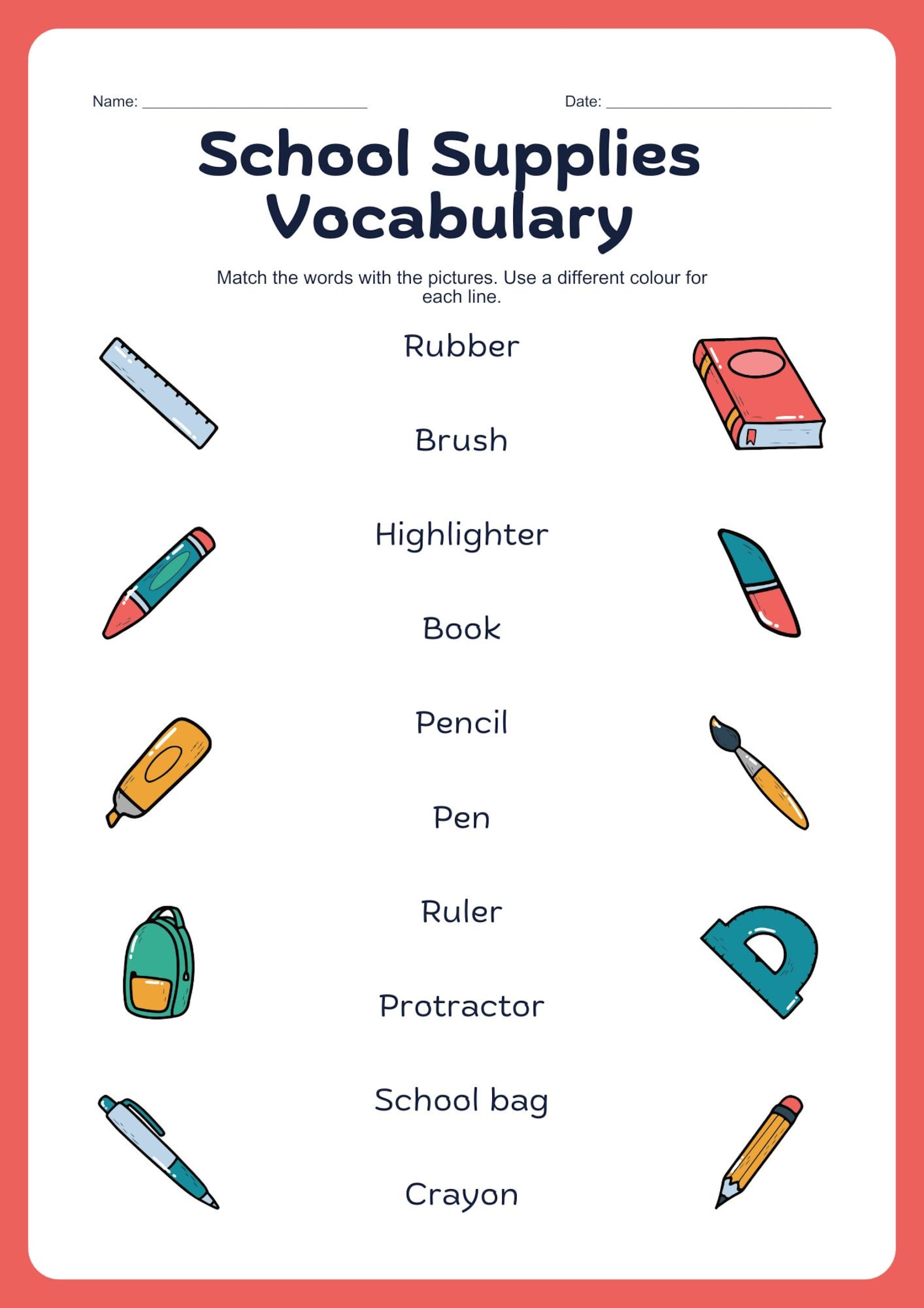 School Supplies Matching Worksheet: ESL Vocabulary Printable (PDF) - Etsy