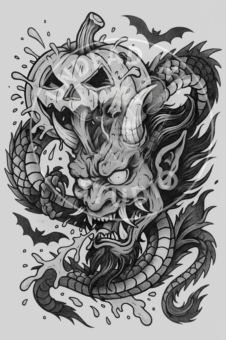 Halloween Demon Tattoo Flash Sheet – Oni Mask With Pumpkin – Printable ...