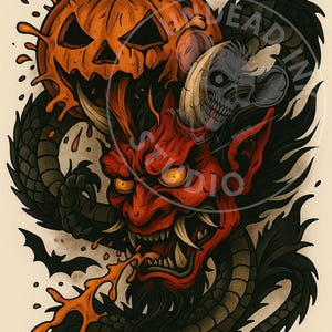 Halloween Demon Tattoo Flash Sheet – Oni Mask With Pumpkin – Printable ...