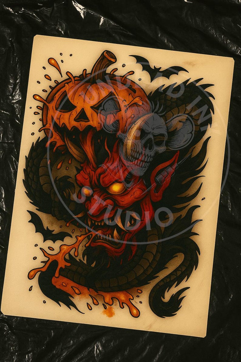 Halloween Demon Tattoo Flash Sheet – Oni Mask With Pumpkin – Printable ...