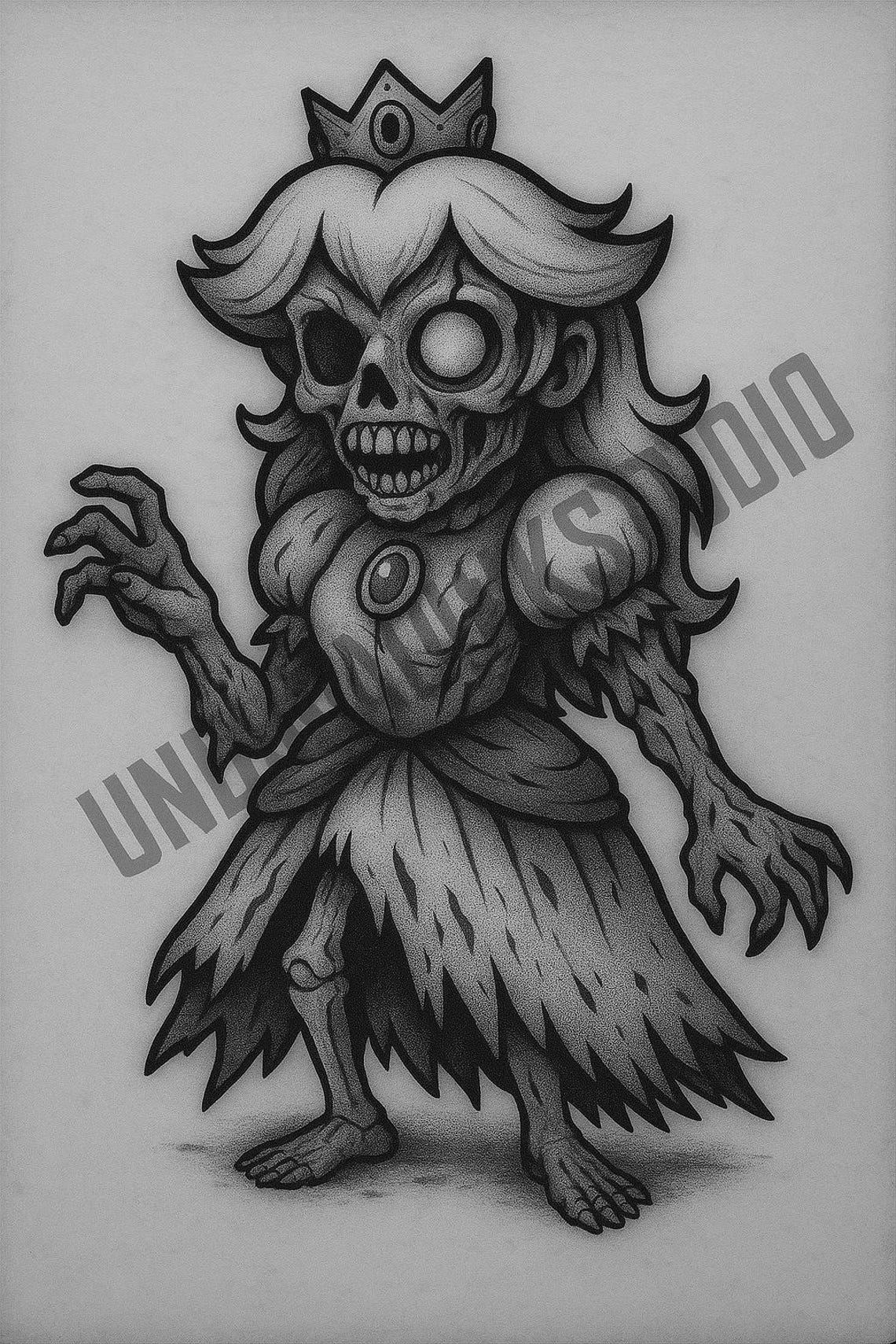 Zombie Princess Peach Tattoo Stencil Undead Mario Flash Sheet Etsy