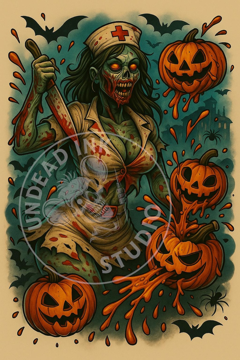 Zombie Nurse Halloween Tattoo Flash Sheet – Horror Pumpkin Undead ...
