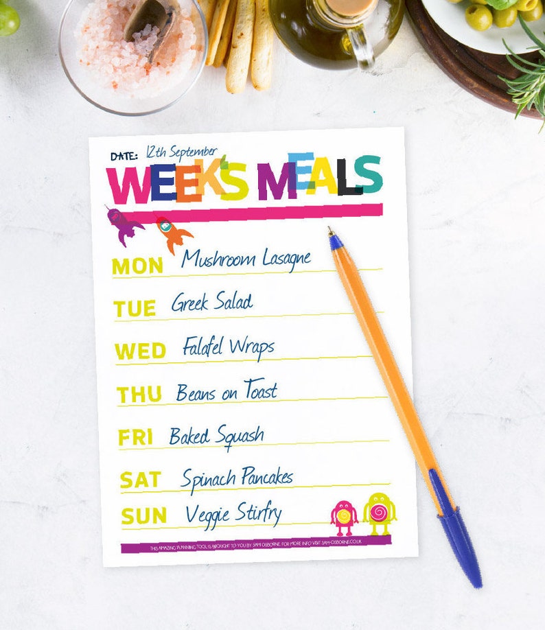 Printable Menu Weekly Food Planner Organizer Rainbow Illustrations ...
