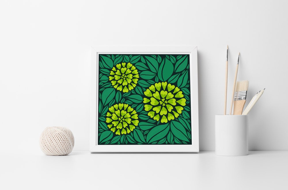 Green Floral Print Illustration Wall Art - Etsy