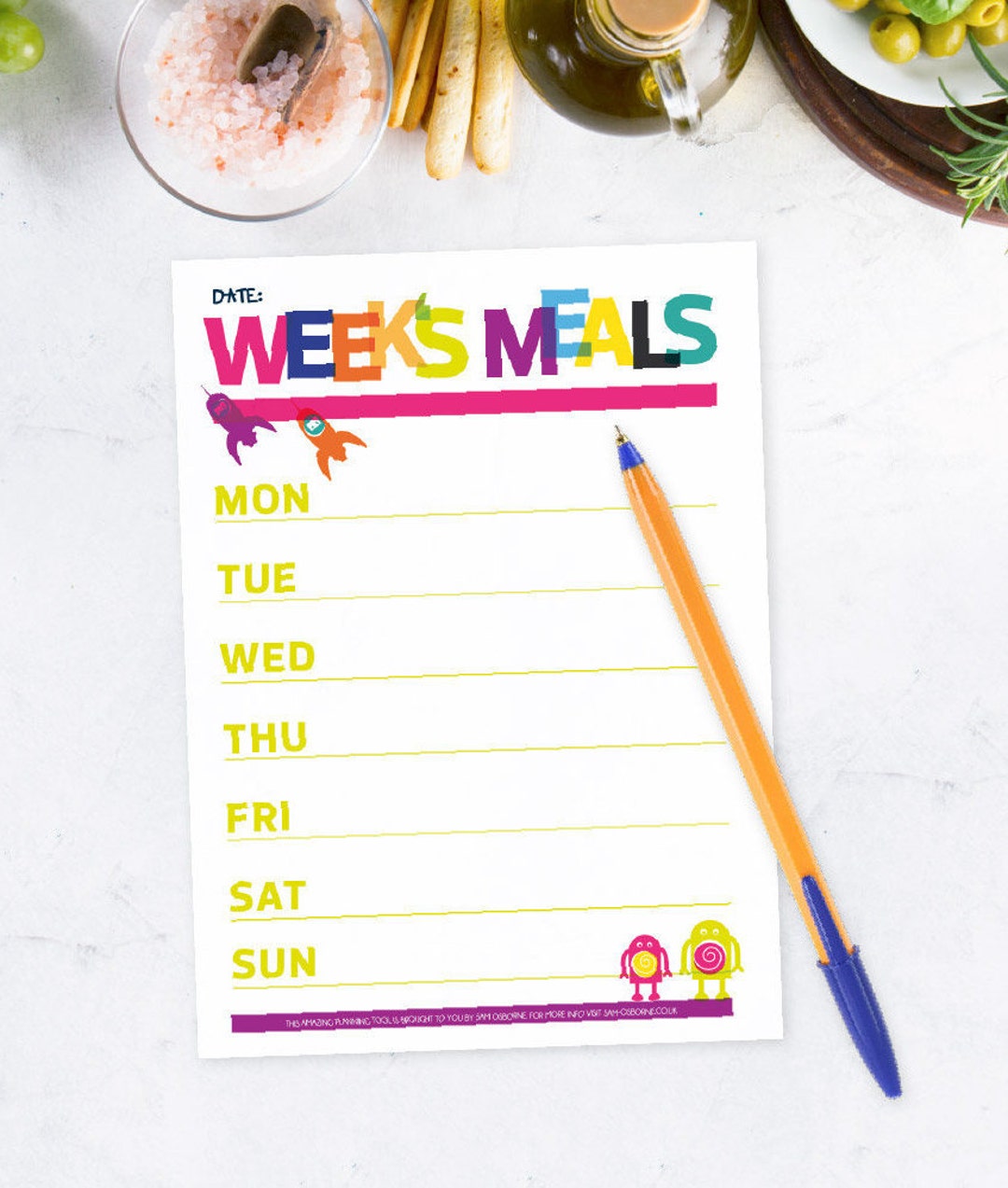 Printable Menu Weekly Food Planner Organizer Rainbow Illustrations ...