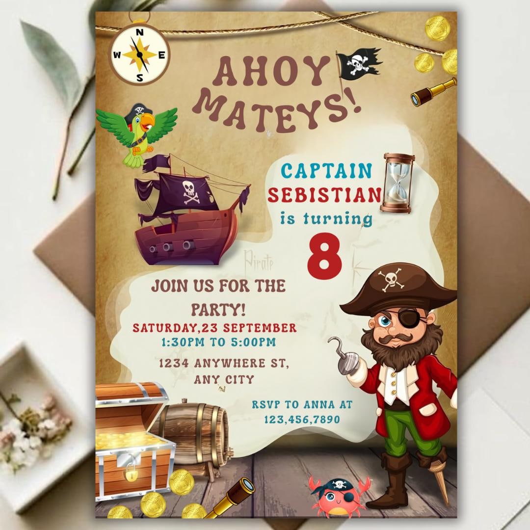 Editable Pirate Map Birthday Invitation, Kids Pirate Party Invite ...