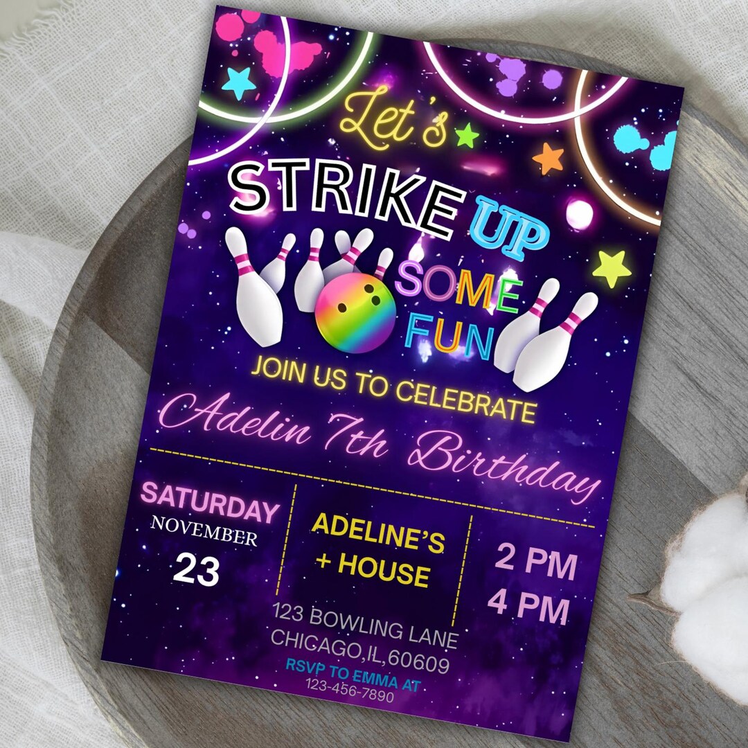 Retro Neon Glow Bowling Party Invitation: Editable Canva Template (PDF ...