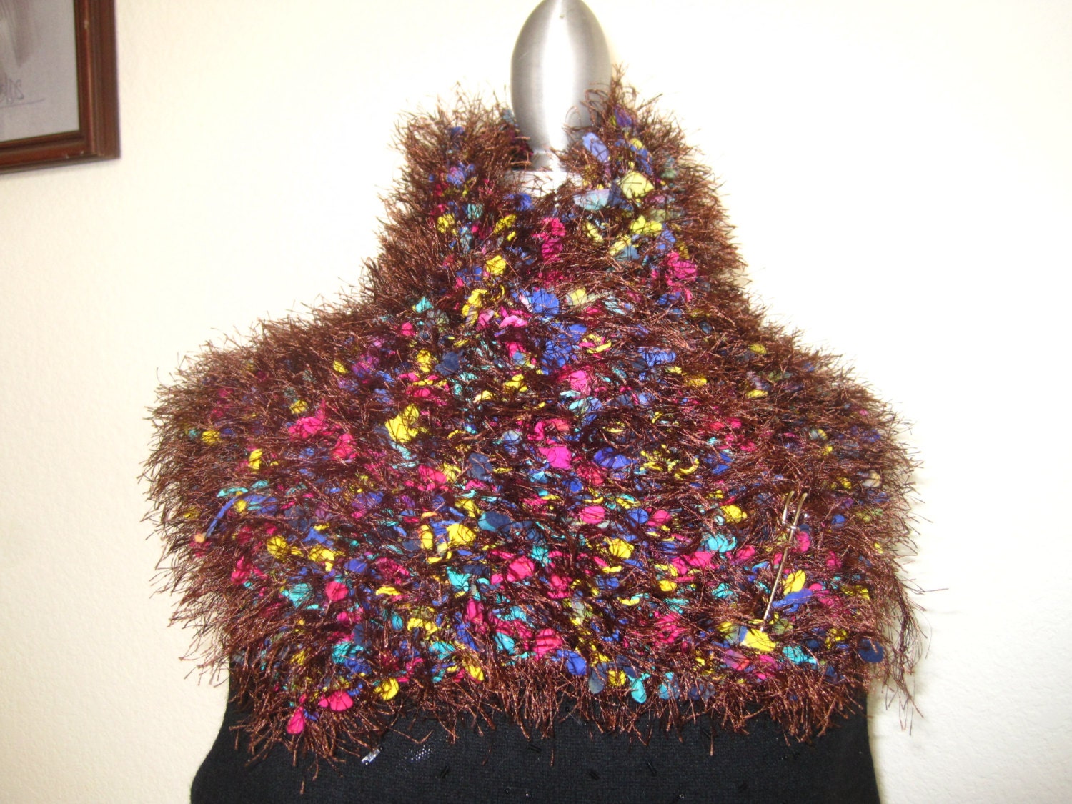 Scarf fancy fur yarn fuzzy hand made brown/multicolor very | Etsy