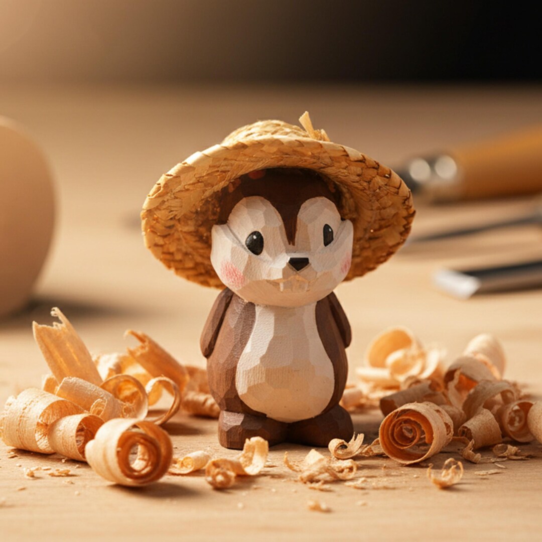 Hand Carved Wooden Squirrel Figurine With Straw Hat – Miniature Desk ...