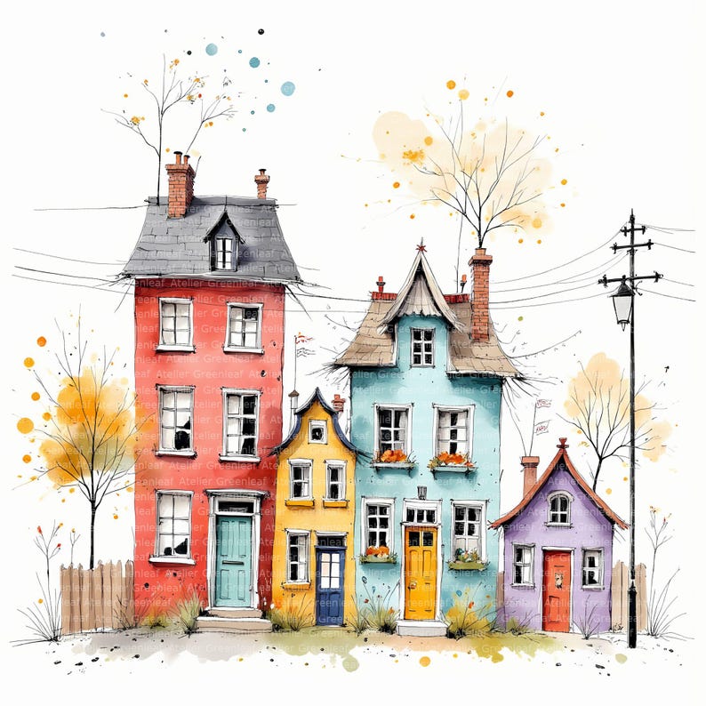 16 Doodle Neighborhoods Clipart | Whimsical Crooked Houses Art ...