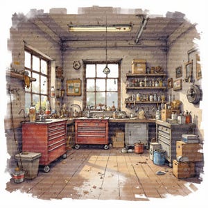 13 Mechanic Shop Scene | Vintage Workshop Clipart Decor | Digital ...